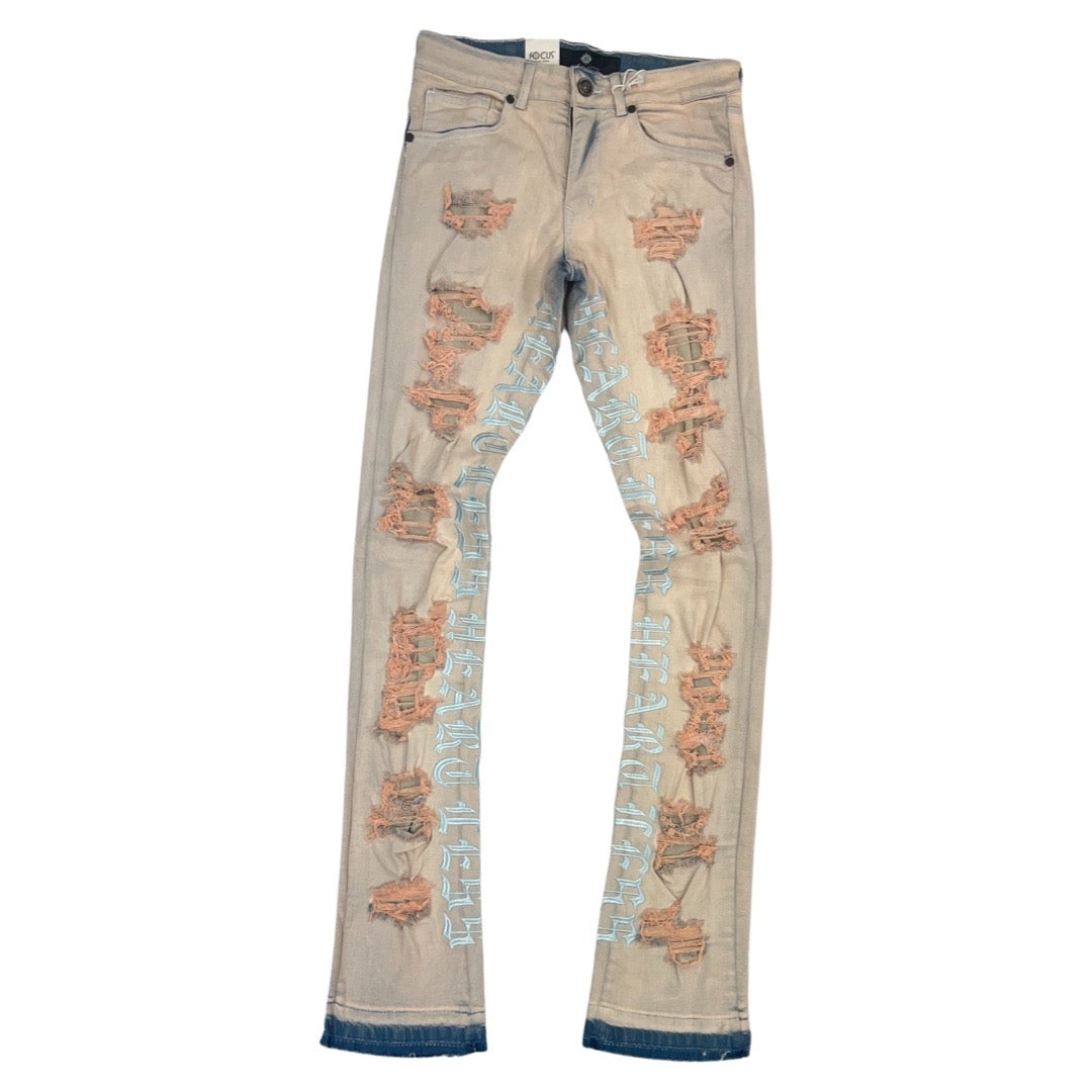 Focus Heartless Lettering Baby Blue Stacked Jeans (3559) – Era Clothing ...